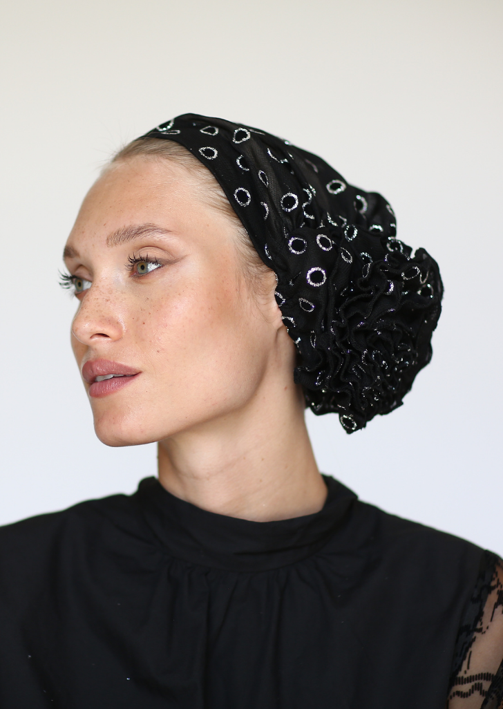 Black& silver dots 3T ROSE TURBAN-FREE GIFT – Rona Hand Made Turbans
