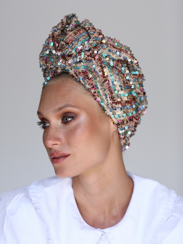 Rainbow sequin turban – Rona Hand Made Turbans