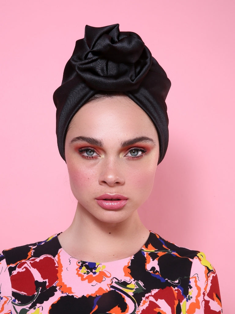 Flower Turban in Shiny Black – Rona Hand Made Turbans